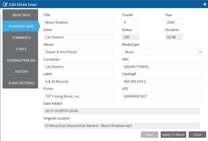 SAM Broadcaster Cloud Track Information Editor Fields – Spacial